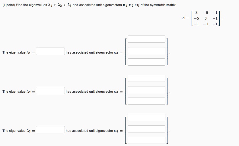 SOLVED:point} Find the eigenvalues Ai A3 and associated unit eigenvectors Ul, 42, U3 of fhe ...