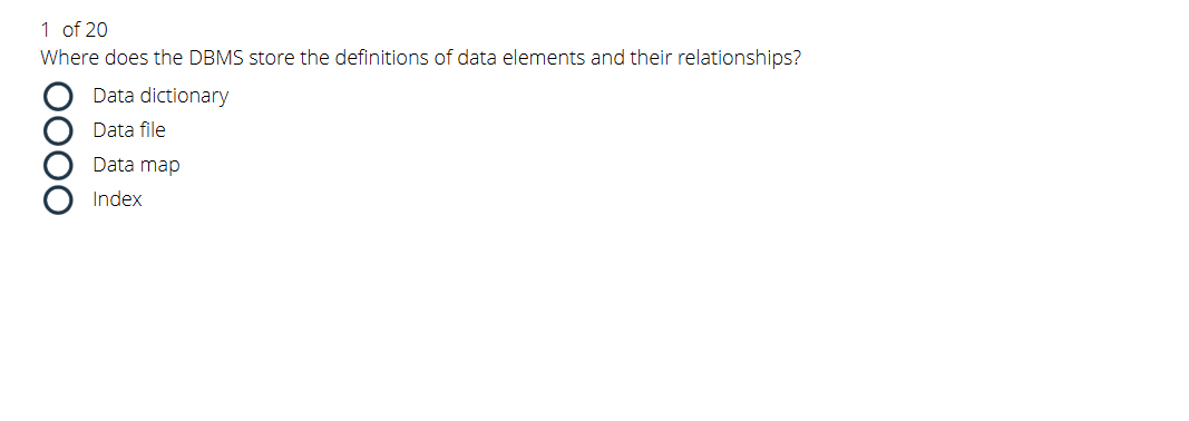 1 of 20 Where does the DBMS store the definitions of data elements and ...