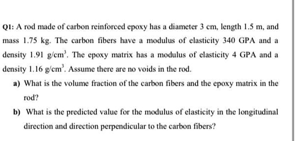 SOLVED: QI: Arod made of carbon reinforced epoxy has diameter 3 cm ...