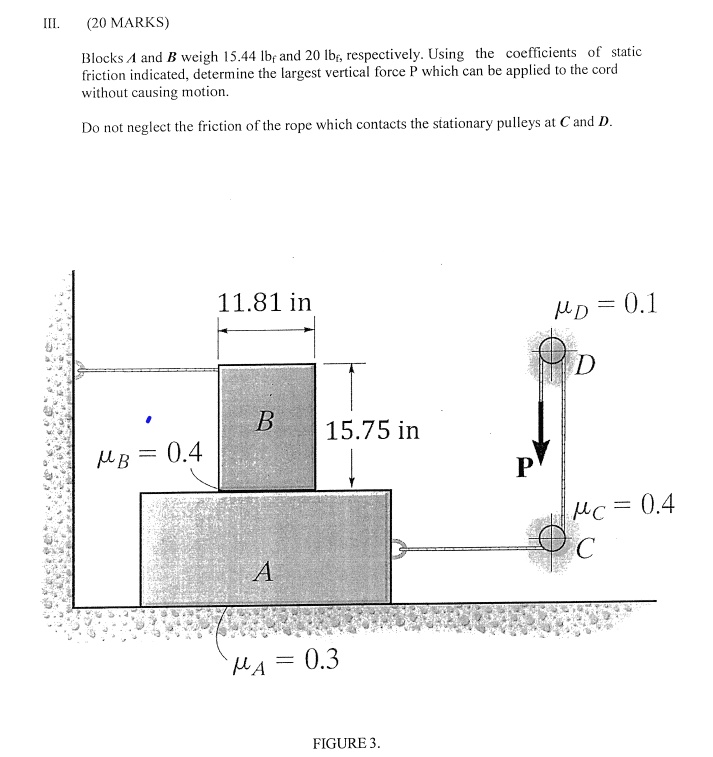 III. (20 MARKS) Blocks A and B weigh 15.44 lbf and 20 lbs, respectively ...