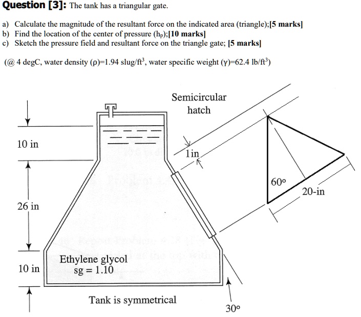 Question [3]: The tank has a triangular gate. a) Calculate the magnitude of the resultant force ...