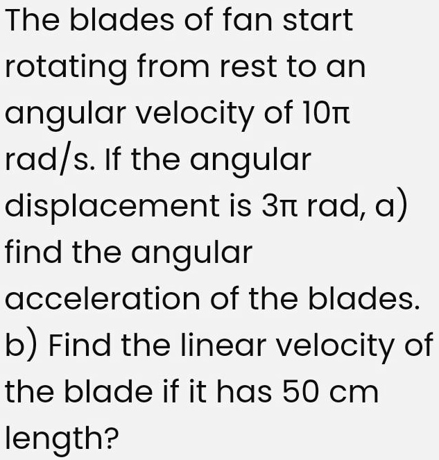 the blades of fan start rotating from rest to an angular velocity of ...