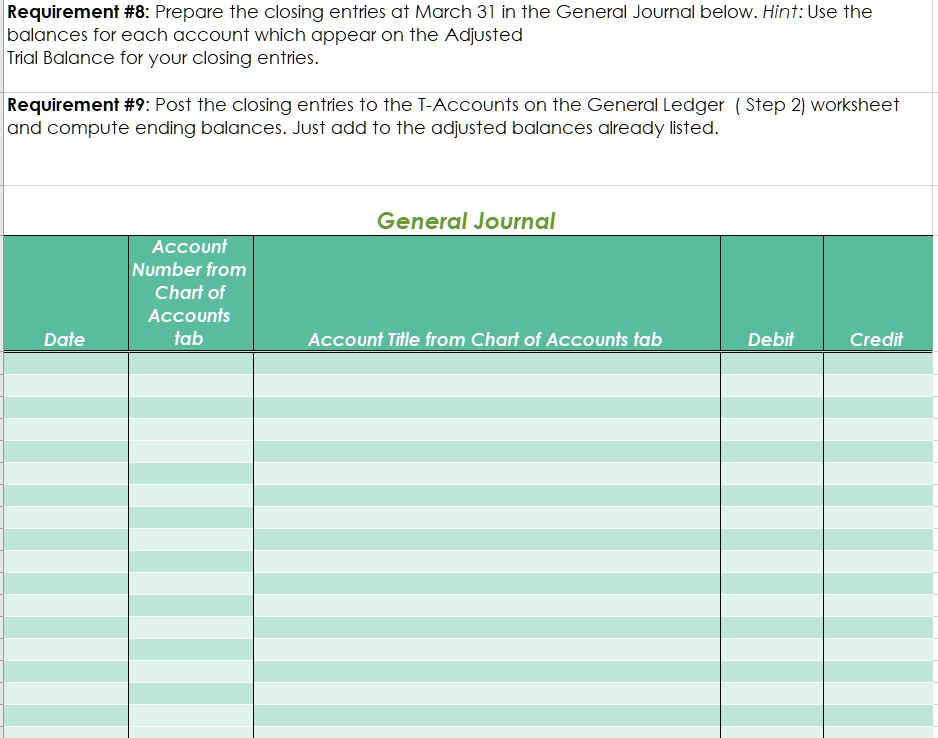 Requirement #8: Prepare the closing entries at March 31 in the General ...