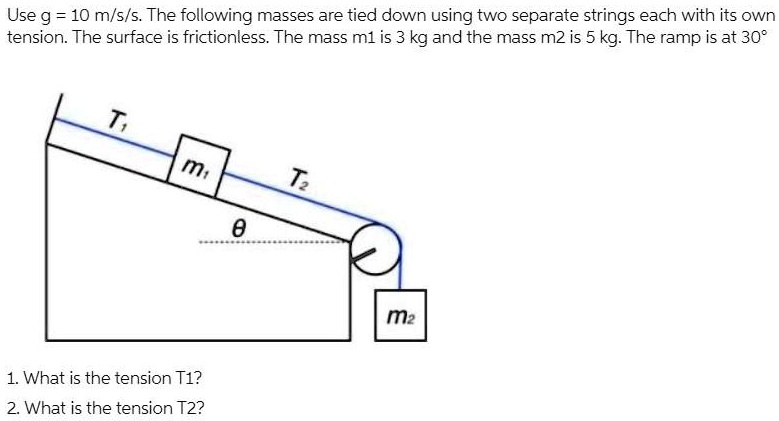 SOLVED: Use g = 10 m/s/s The following masses are tied down using two ...