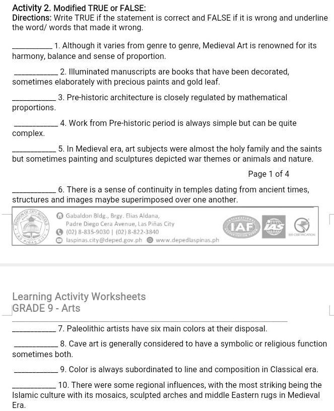 SOLVED: 'Activity 2. Modified TRUE or FALSE: Directions: Write TRUE if the statement is correct ...