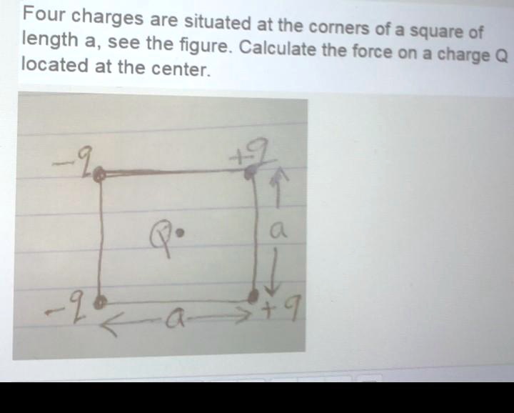 Four charges are situated at the corners of a square of length a, see ...