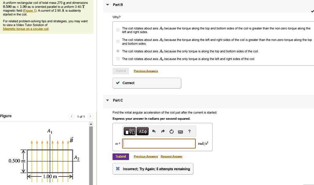 a uniform rectangular coil of total mass 270 g and dimensions 0500 m x 100 m is oriented ...