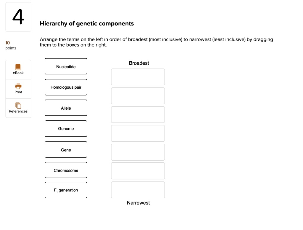 SOLVED: 4 Hierarchy of genetic components Arrange the terms on the left in order of broadest ...