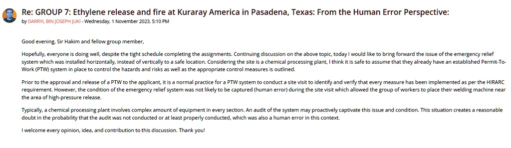 Re: GROUP 7: Ethylene release and fire at Kuraray America in Pasadena ...