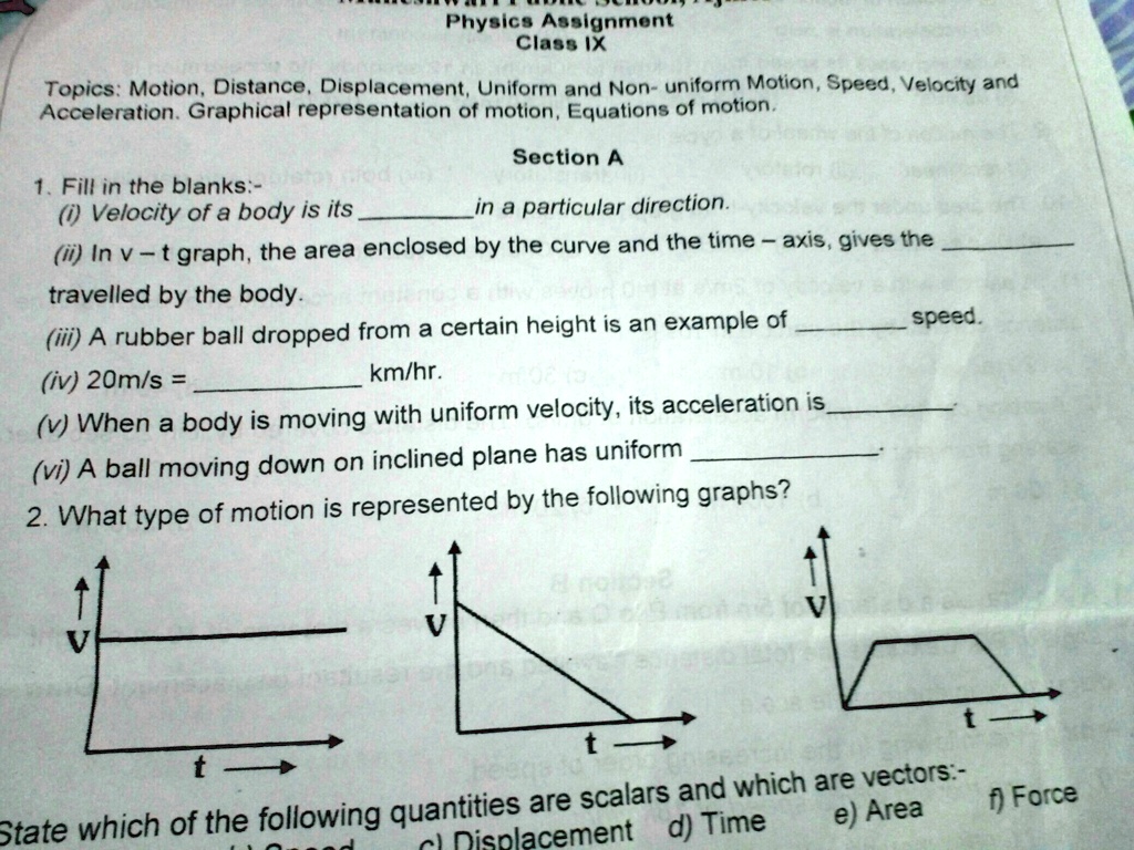 Physics Assignment Class IX Topics: Motion, Distance, Displacement ...