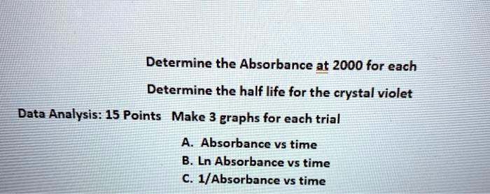 determine the absorbance at 2000 for each determine the half life for ...