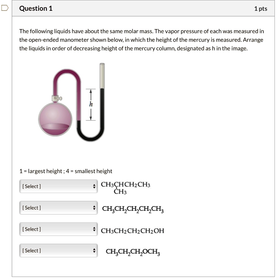 SOLVED: Question 1 1pts The following liquids have about the same molar mass The vapor pressure ...