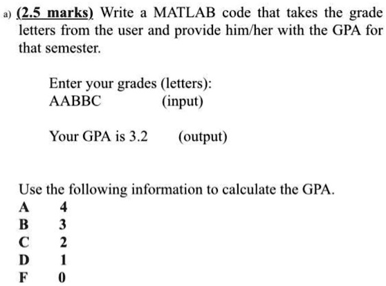 SOLVED: (25 marks) Write a MATLAB code that takes the grade letters ...