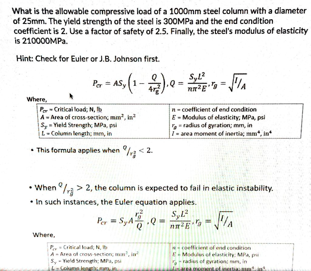 what is the allowable compressive loadof a 1000mm steel column with a ...