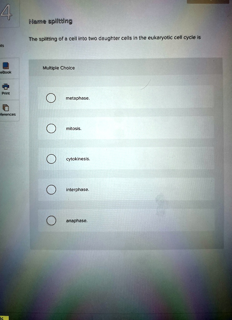 4 name splitting the splitting of a cell into two daughter cells in the ...