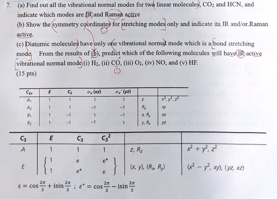 7. (a) Find out all the vibrational normal modes for two linear molecules, CO2 and HCN, and ...