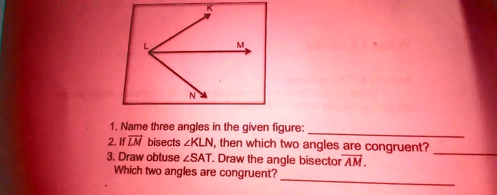 SOLVED: 1. Name three angles in the given figure. 2. If LM bisects ...