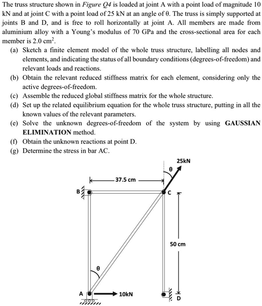 SOLVED: The truss structure shown in Figure Q4 is loaded at joint A with a point load of ...