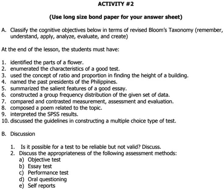 activity 2 use long size bond paper for your answer sheet a classify ...