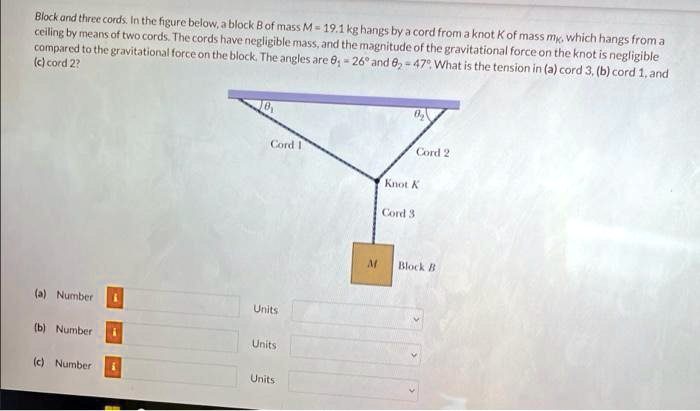 SOLVED: Block and three cords In the figure below, a block B of mass M = 19.1 kg hangs by a cord ...