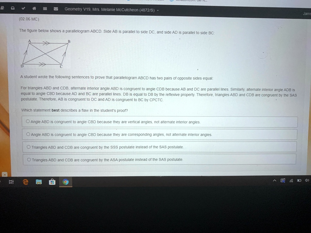 the figure below shows a parallelogram abcd side ab parallel to side dc and side ad is parallel ...