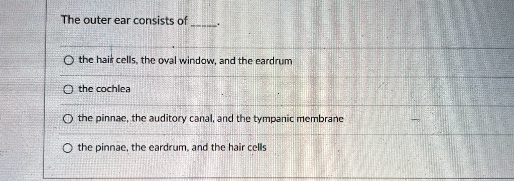 The outer ear consists of the hair cells, the oval window, and the ...