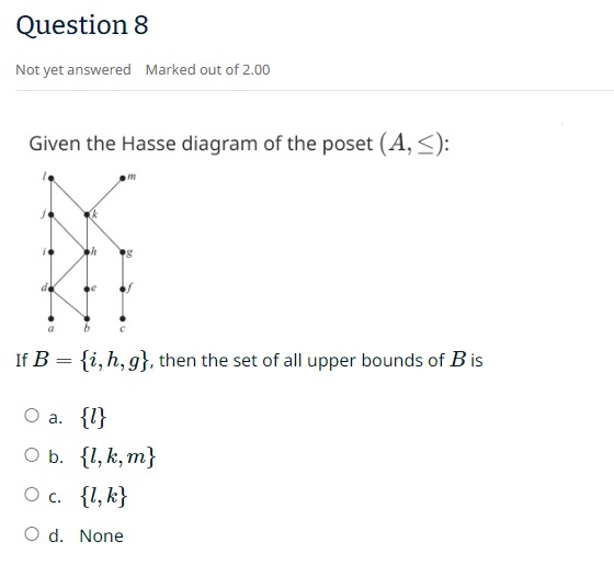SOLVED: Question 8 Not yet answered Marked out of 2.00 Given the Hasse diagram of the poset (A ...