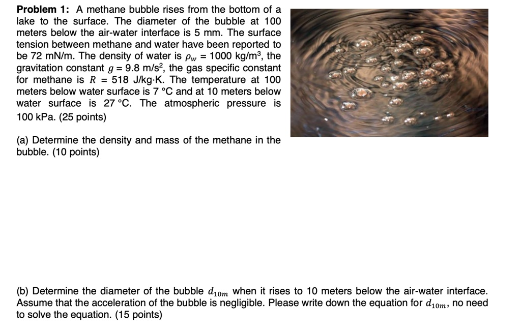 SOLVED: Problem 1: A methane bubble rises from the bottom of a lake to the surface. The diameter ...