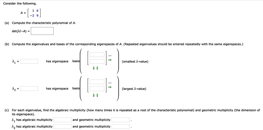 SOLVED: Consider the following: A = [3] Compute the characteristic polynomial of A: det(N - A ...