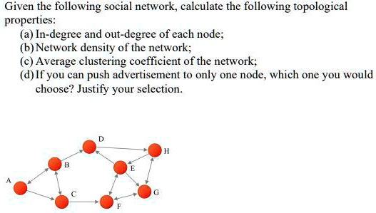 Given the following social network, calculate the following topological properties: (a) In ...