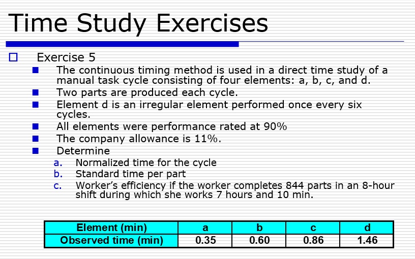 SOLVED: Time Study Exercises Exercise 5 The continuous timing method is ...