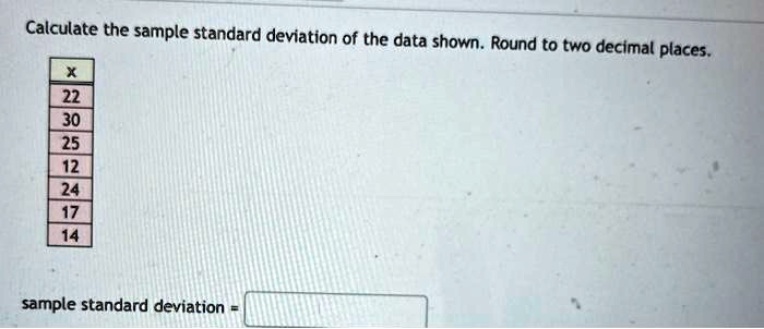 SOLVED: Calculate the sample standard deviation of the data shown: Round to two decimal places ...