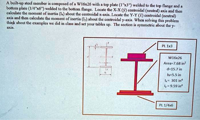 A built-up steel member is composed of a W16x26 with a top plate 1x3 welded to the top flange ...