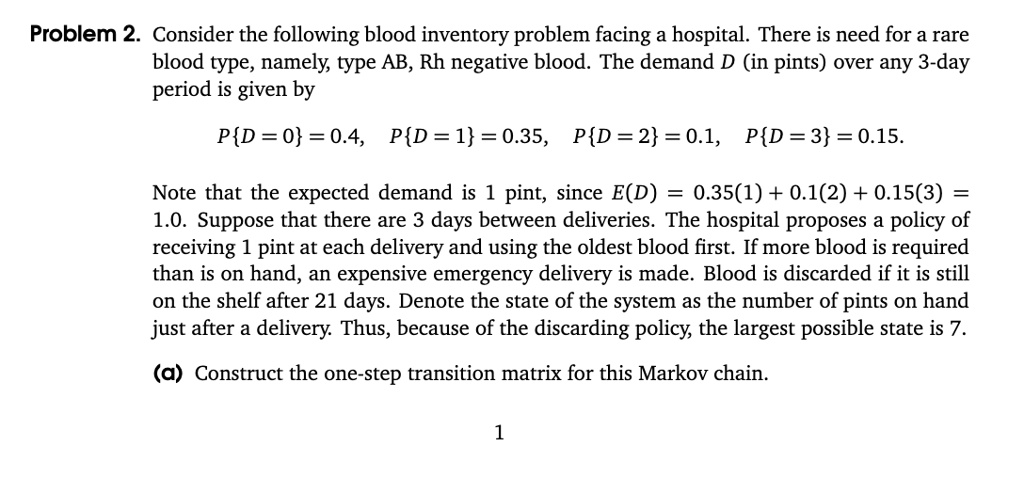 SOLVED: Problem 2 Consider the following blood inventory problem facing ... SOLVED: Problem 2 Consider the following blood inventory problem facing ...
