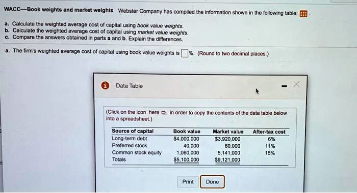SOLVED: WACC-Book Weights and Market Weights Webster Company has ...