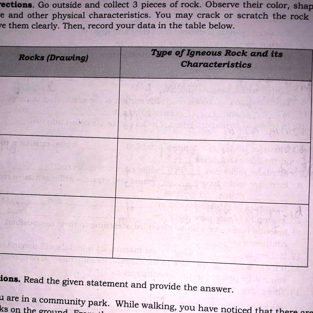 rections. Go outside and collect 3 pieces of rock. Observe their color ...