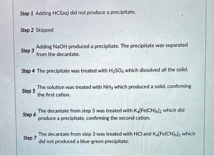 SOLVED: Step 1: Adding HCI did not produce a precipitate. Step 2 ...