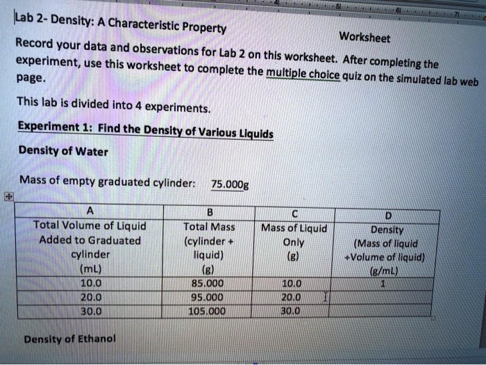 llab 2 density a characteristic property worksheet record your data and ...