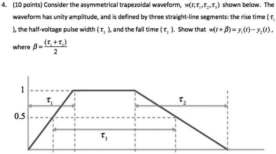 (10 points) Consider the asymmetrical trapezoidal waveform, w(t; τ1, τ2 ...