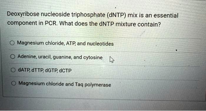 SOLVED: Deoxyribose nucleoside triphosphate (dNTP) mix is an essential component in PCR: What ...