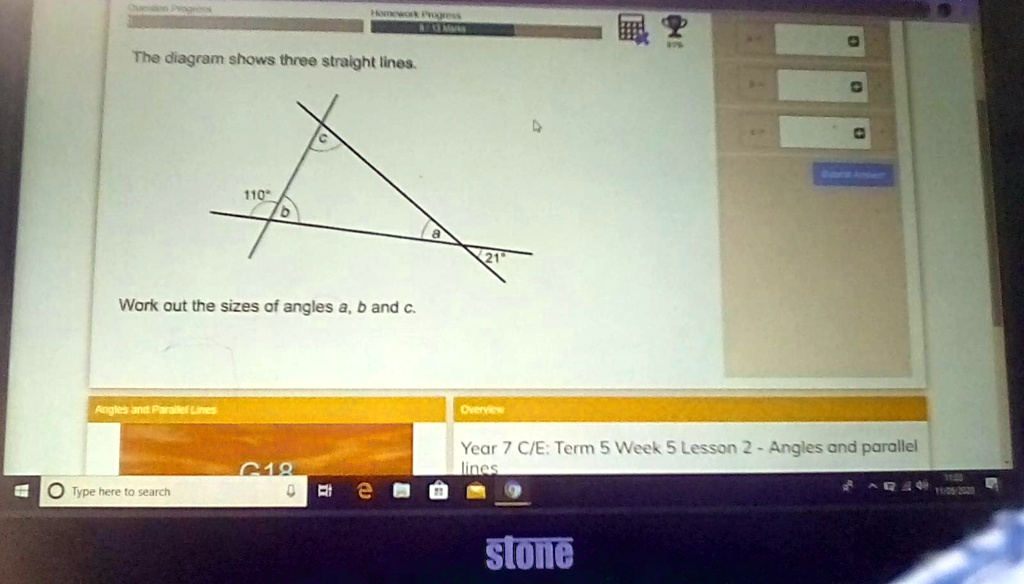 SOLVED: The diagram shows three straight lines. Work out the sizes of a,b and c