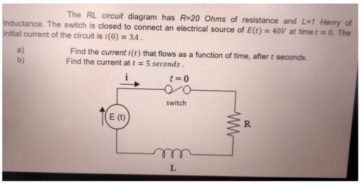 SOLVED: The RL circuit diagram has R = 20 Ohms of resistance and L = 1 Henry of inductance. The ...