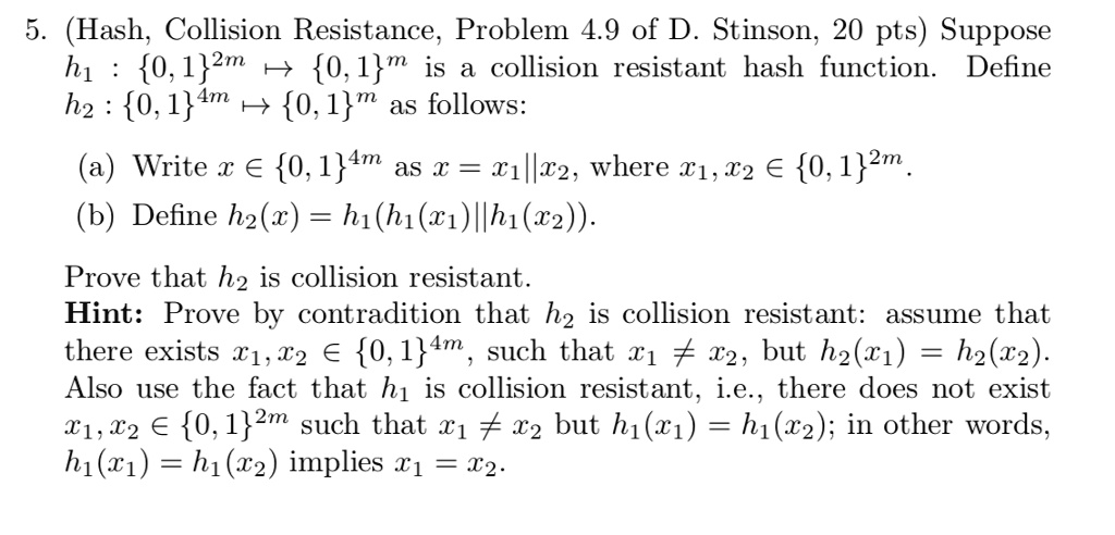 SOLVED: Text: 5 (Hash; Collision Resistance, Problem 4.9 of D. Stinson ...