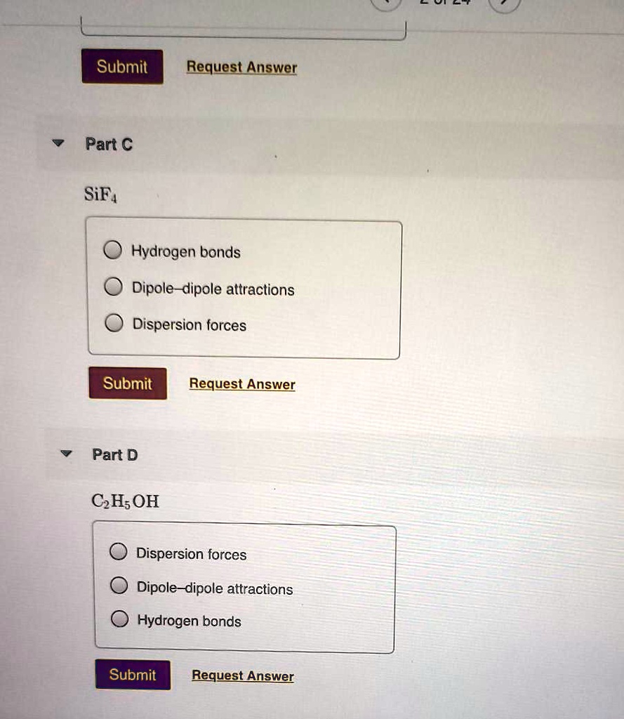 Solvedsubmit Request Answer Part C Sif 4 Hydrogen Bonds Dipole Dipole Attractions Dispersion