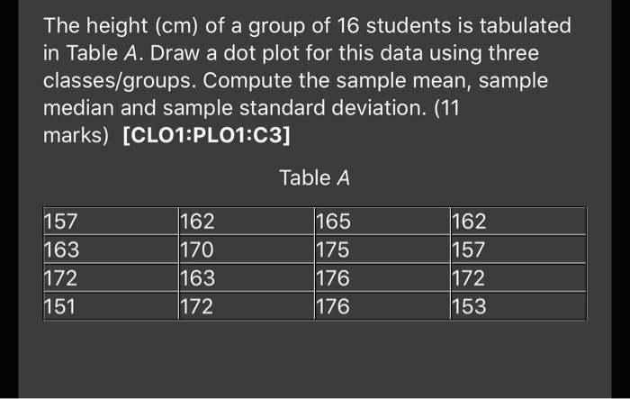 SOLVED: The height (cm) of a group of 16 students is tabulated in Table ...