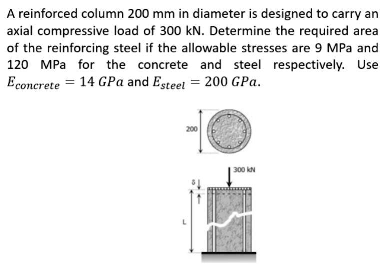 a reinforced column 200 mm in diameter is designed to carry an axial compressive load of 300 kn ...