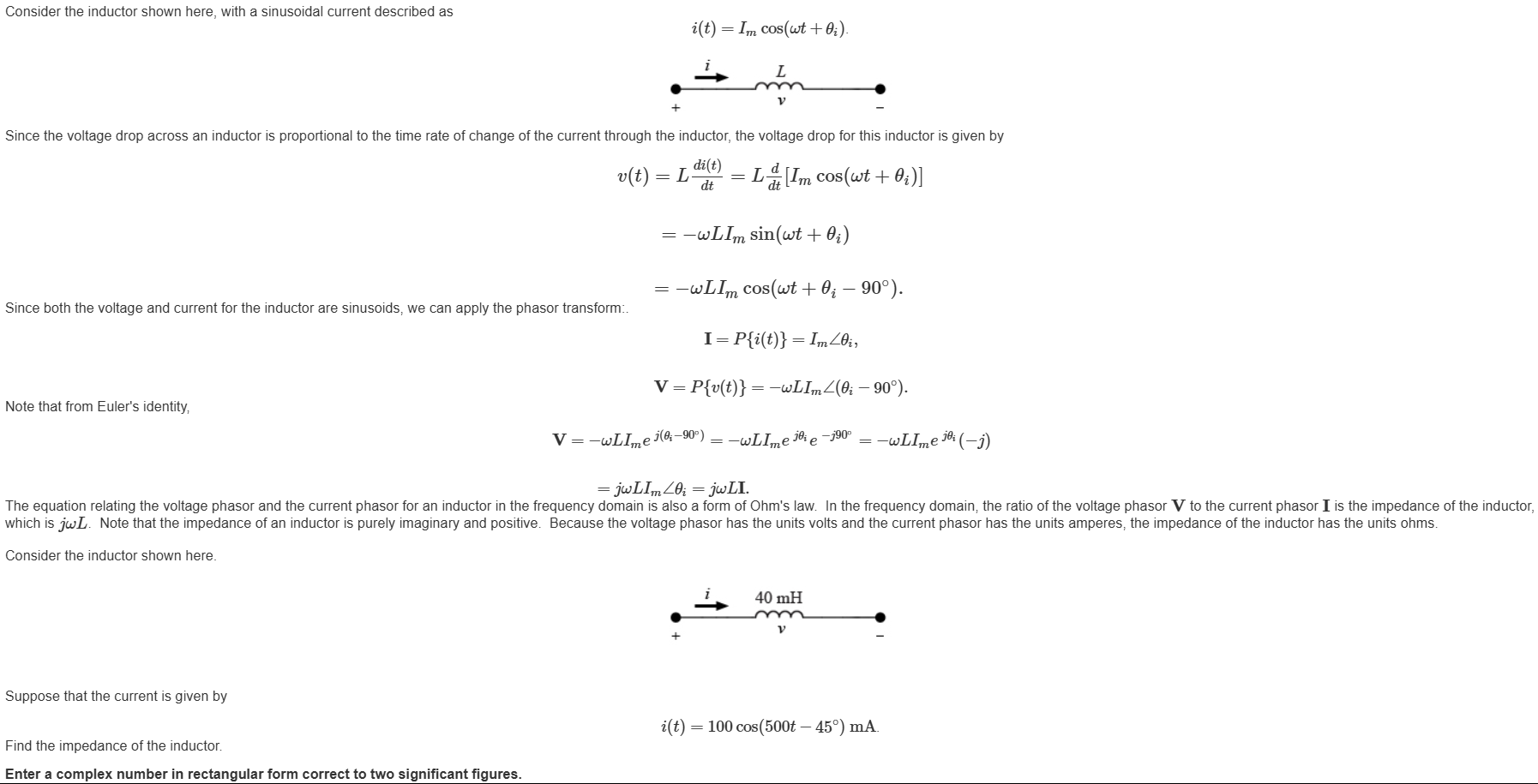 Consider the inductor shown here, with a sinusoidal current described as i(t)=Imcos(ω t+θi ...