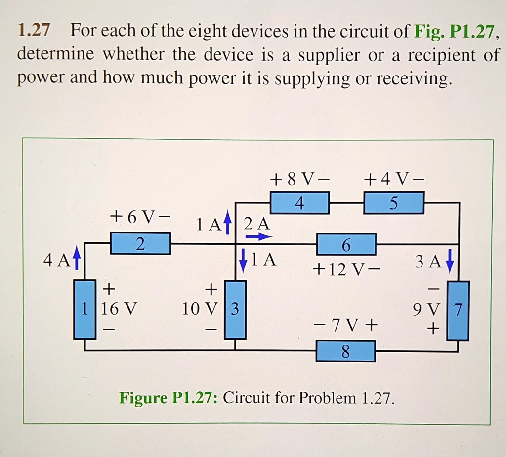 SOLVED: 1.27 For each of the eight devices in the circuit of Fig. P1.27 determine whether the ...