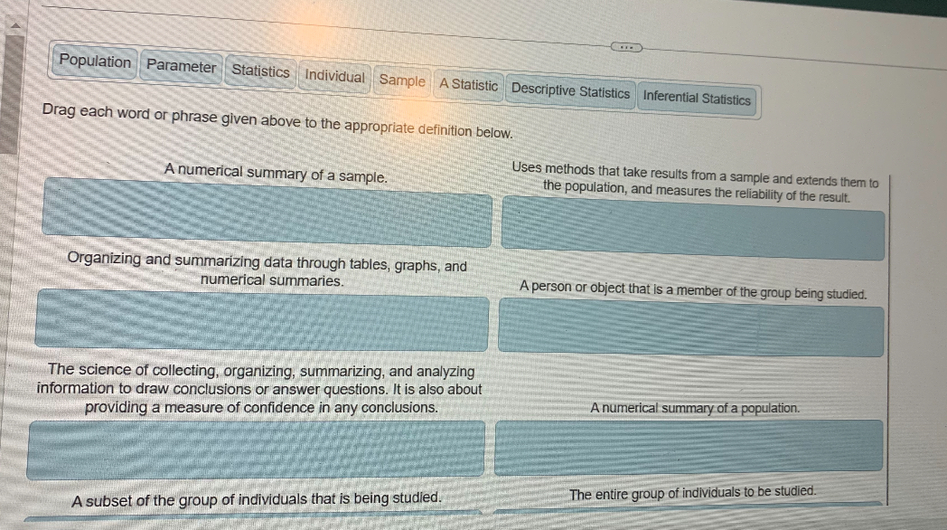 SOLVED: Population Parameter Statistics Individual Sample A Statistic Descriptive Statistics ...