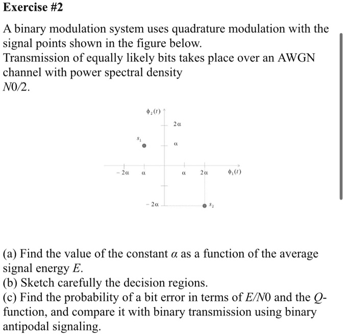 SOLVED: A binary modulation system uses quadrature modulation with the signal points shown in ...